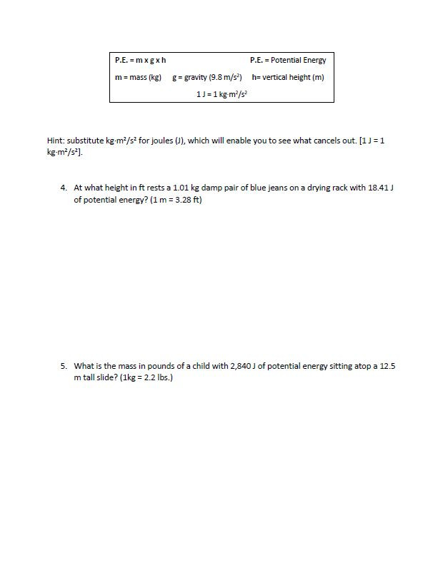 Potential Energy Problem Set - Amped Up Learning