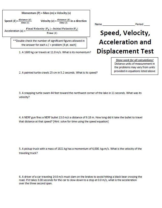 Speed, Velocity, Acceleration, and Displacement Test Set with a Key ...