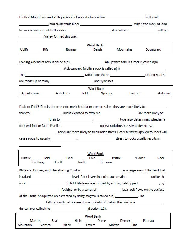 Stresses and Deformation of Earth's Crust Fill-in-the-Blank Review ...