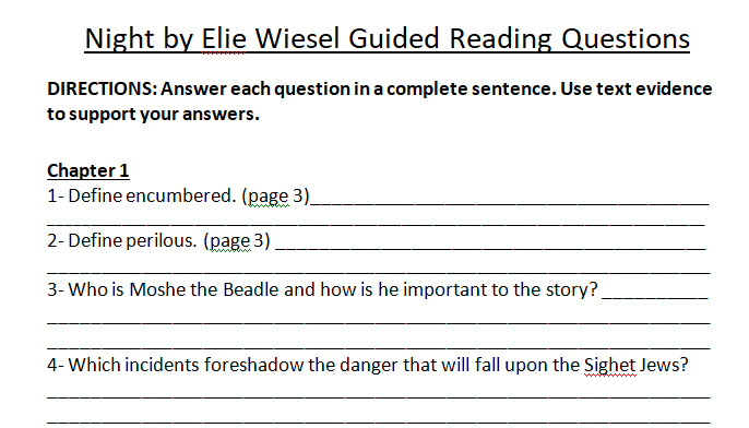 Night by Elie Wiesel- Guided Reading Questions - Amped Up Learning