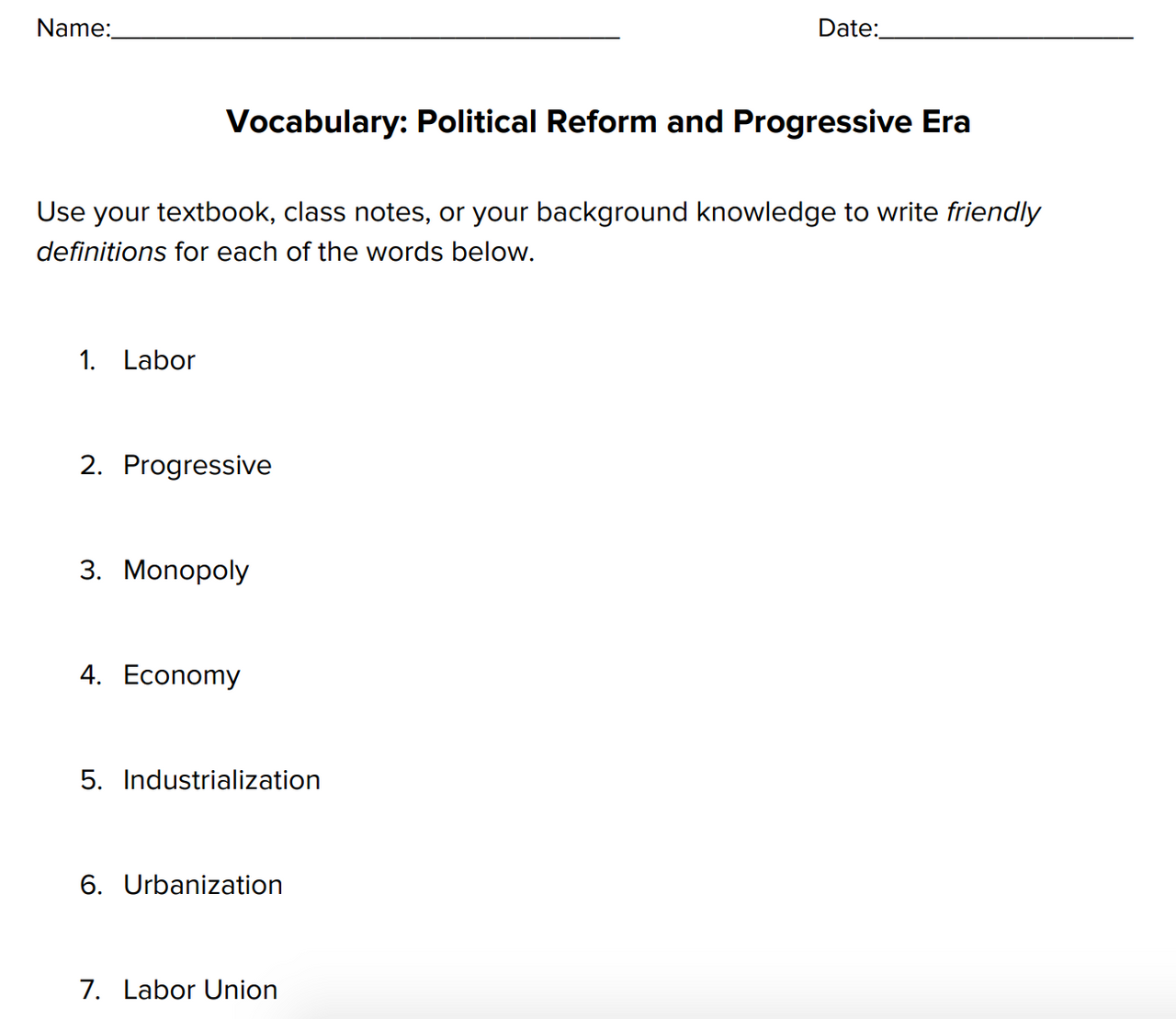 Progressive Era Vocabulary - Amped Up Learning
