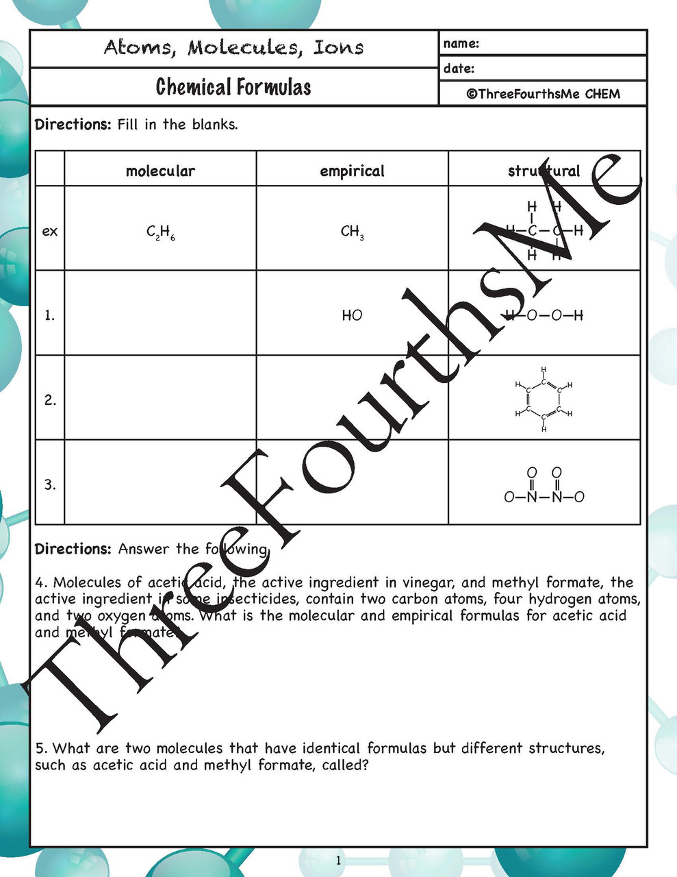 Chemical Formulas Classwork / Homework - Amped Up Learning
