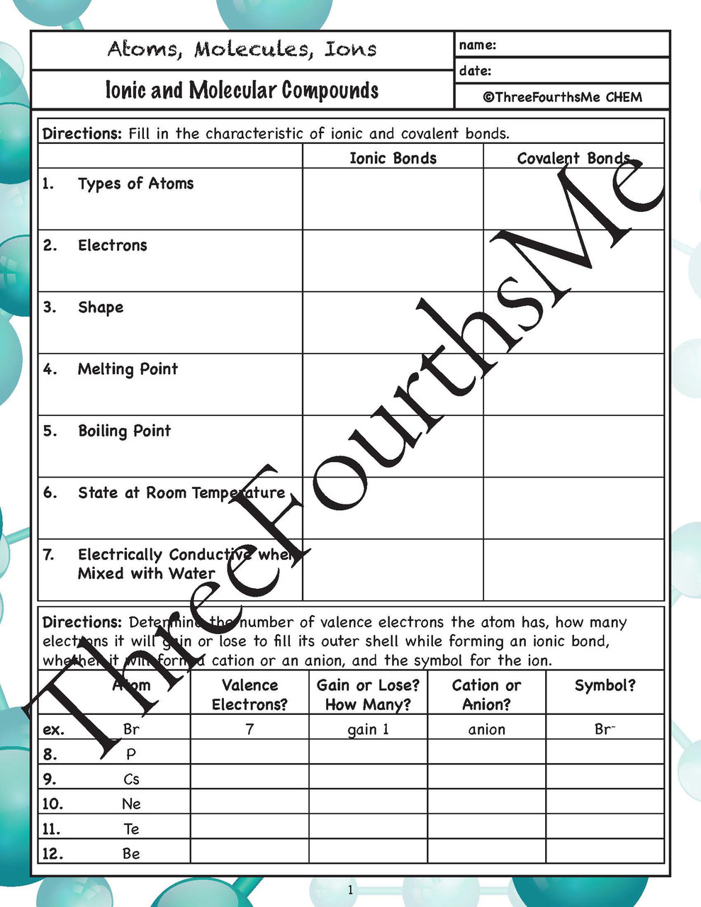 Ionic and Molecular / Covalent Bonding Classwork or Homework - Amped Up ...