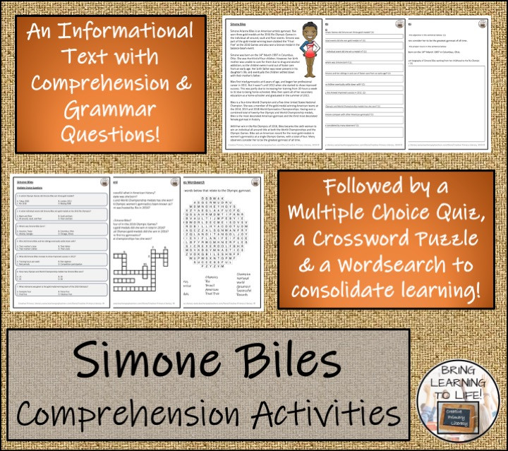 Simone Biles Close Reading Comprehension Activities | 5th Grade & 6th ...