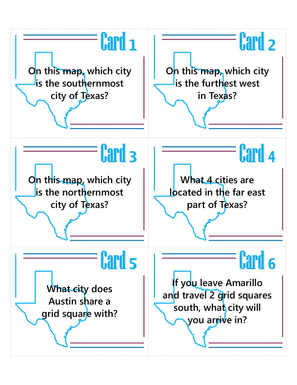 Texas Grid Map and Task Cards
