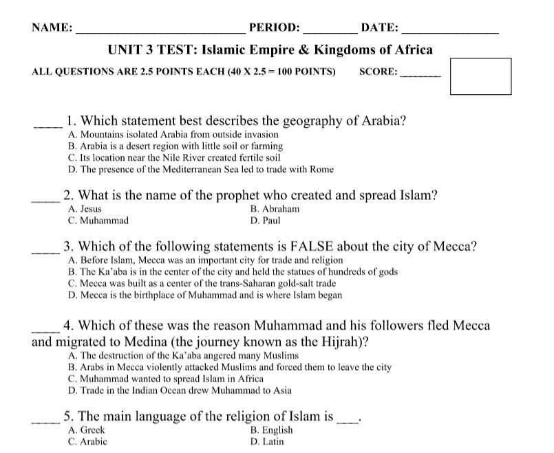 Unit 3 Test - Islam and Kingdoms of Africa - Amped Up Learning
