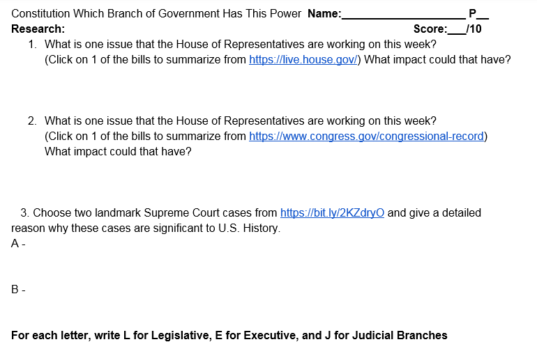Constitution Branches of Government Power and Current Senate and House ...
