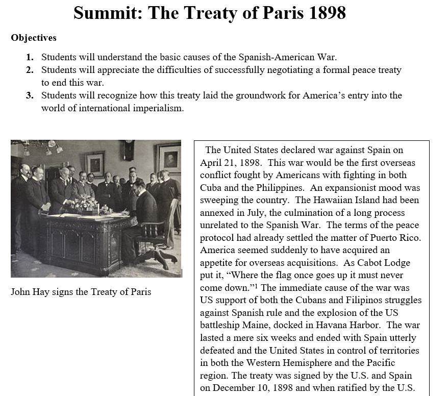 Summit: The Treaty of Paris 1898 - Amped Up Learning