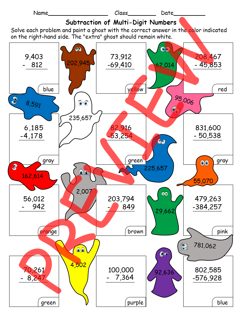 Addition and Subtraction of Multi-Digit Numbers Halloween