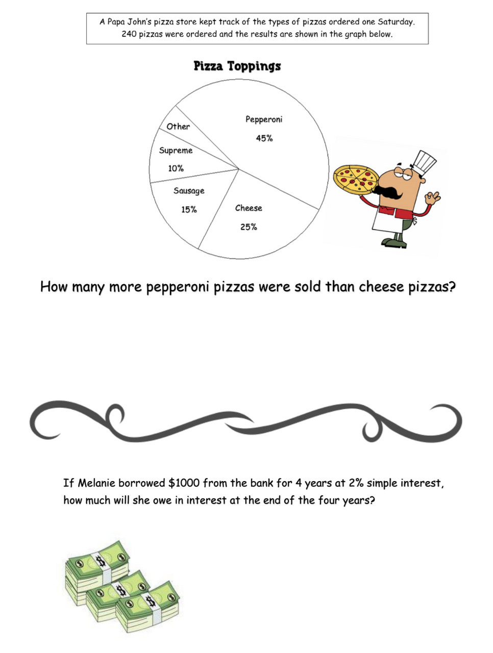 7th grade Warm-ups - Set 3, fractions, two-step equations, simple interest