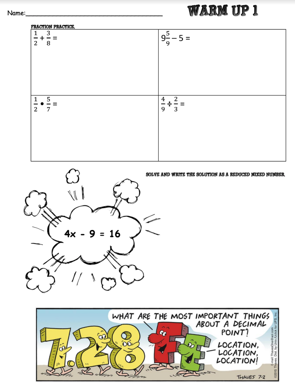 7th grade Warm-ups - Set 3, fractions, two-step equations, simple interest