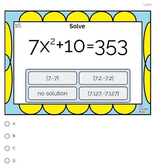 Solving Quadratic Equations using Square Roots: Google Forms Quiz - 20 ...