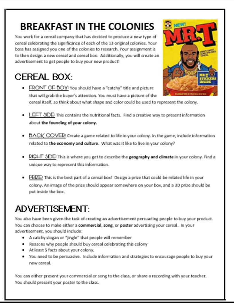 13 Colonies Cereal Box: Breakfast in the Colonies PBL - Amped Up Learning