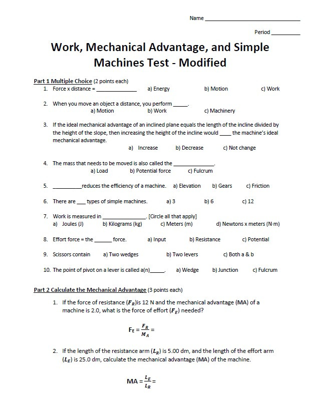 Modified Work, Mechanical Advantage, and Simple Machines Test for ...