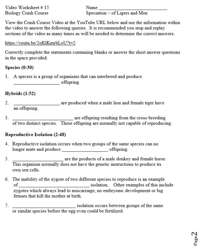 Crash Course Biology Video Worksheet 15 Speciation – of Ligers and Men ...