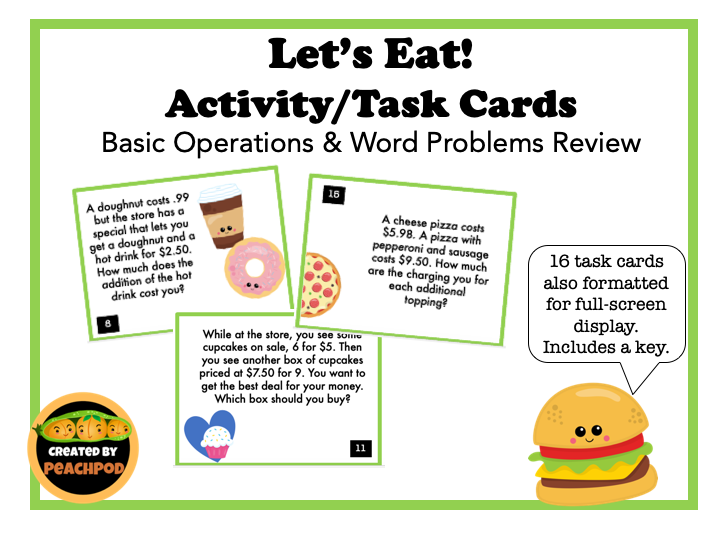 Let’s Eat! Activity/Task Cards - Basic Operations & Word Problems ...