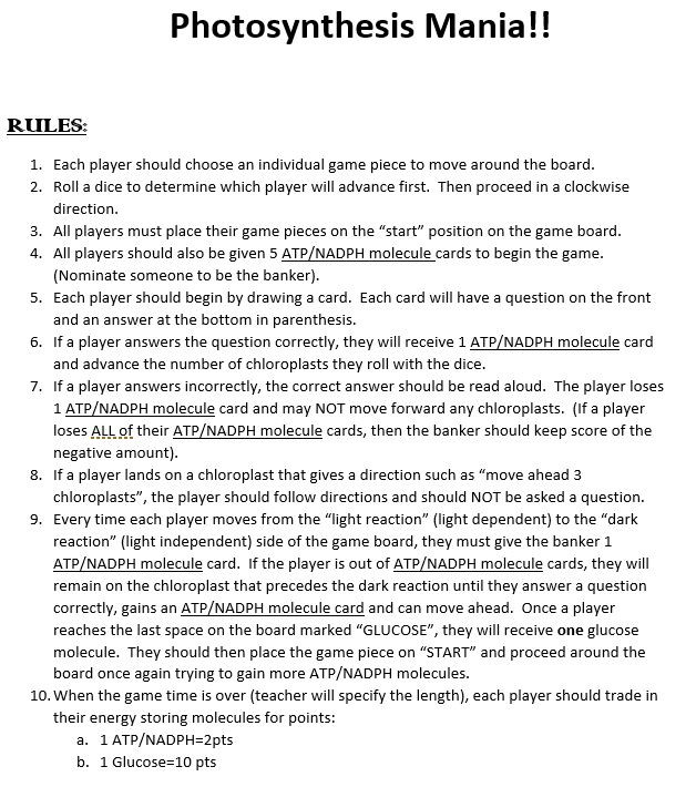 Photosynthesis Mania!! A Fun & Engaging Board Game for the Biology ...