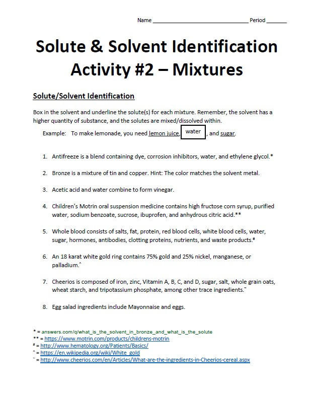 Solute & Solvent Identification Activity #2 - Mixtures - Amped Up Learning
