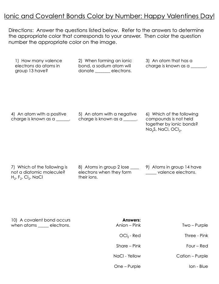 Ionic and Covalent Bonds Color by Number: Happy Valentine's Day ...