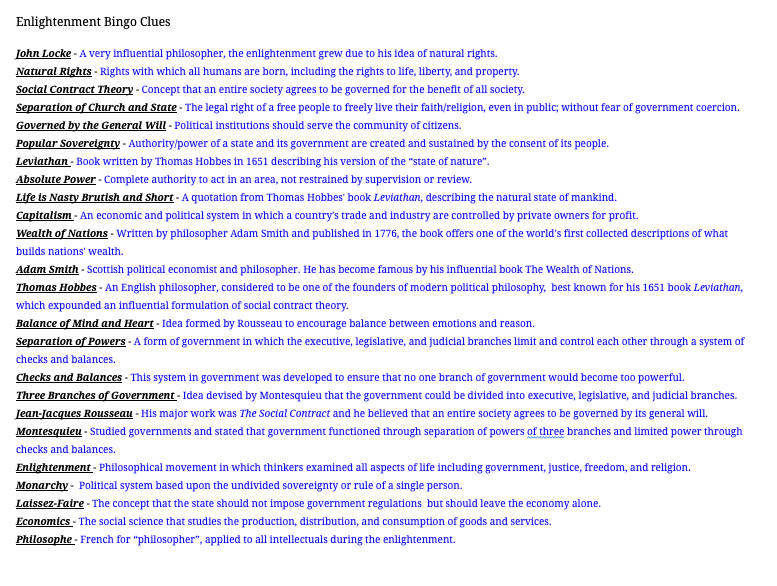 Age of Enlightenment Bingo - Amped Up Learning