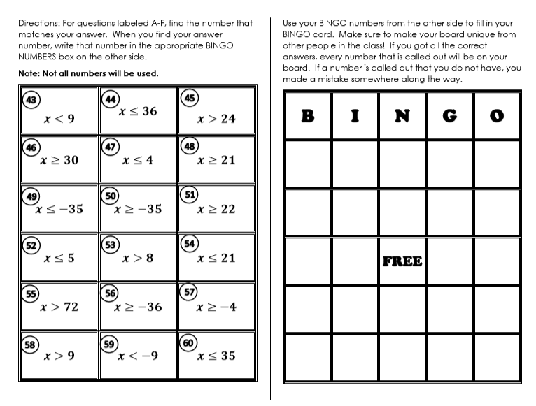 Inequalities Bingo - Amped Up Learning