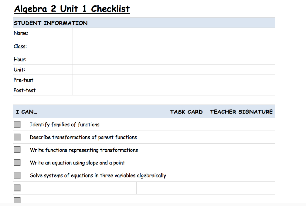 Algebra 2 Standards Based Unit Checklists For Accountability - Amped Up ...