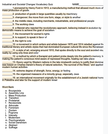 Industrial and Societal Changes Vocabulary Quiz - Amped Up Learning