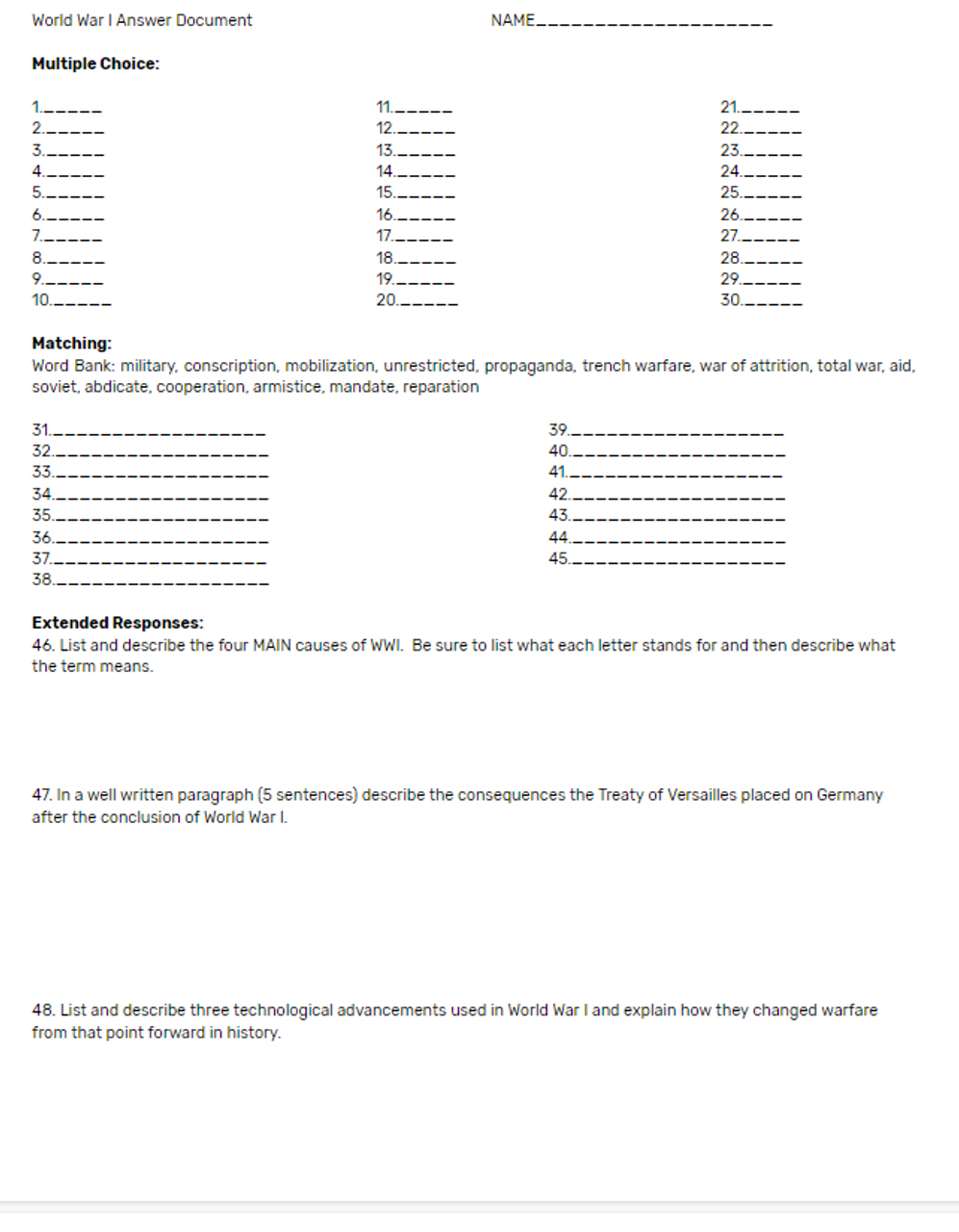 World War I Test - Amped Up Learning