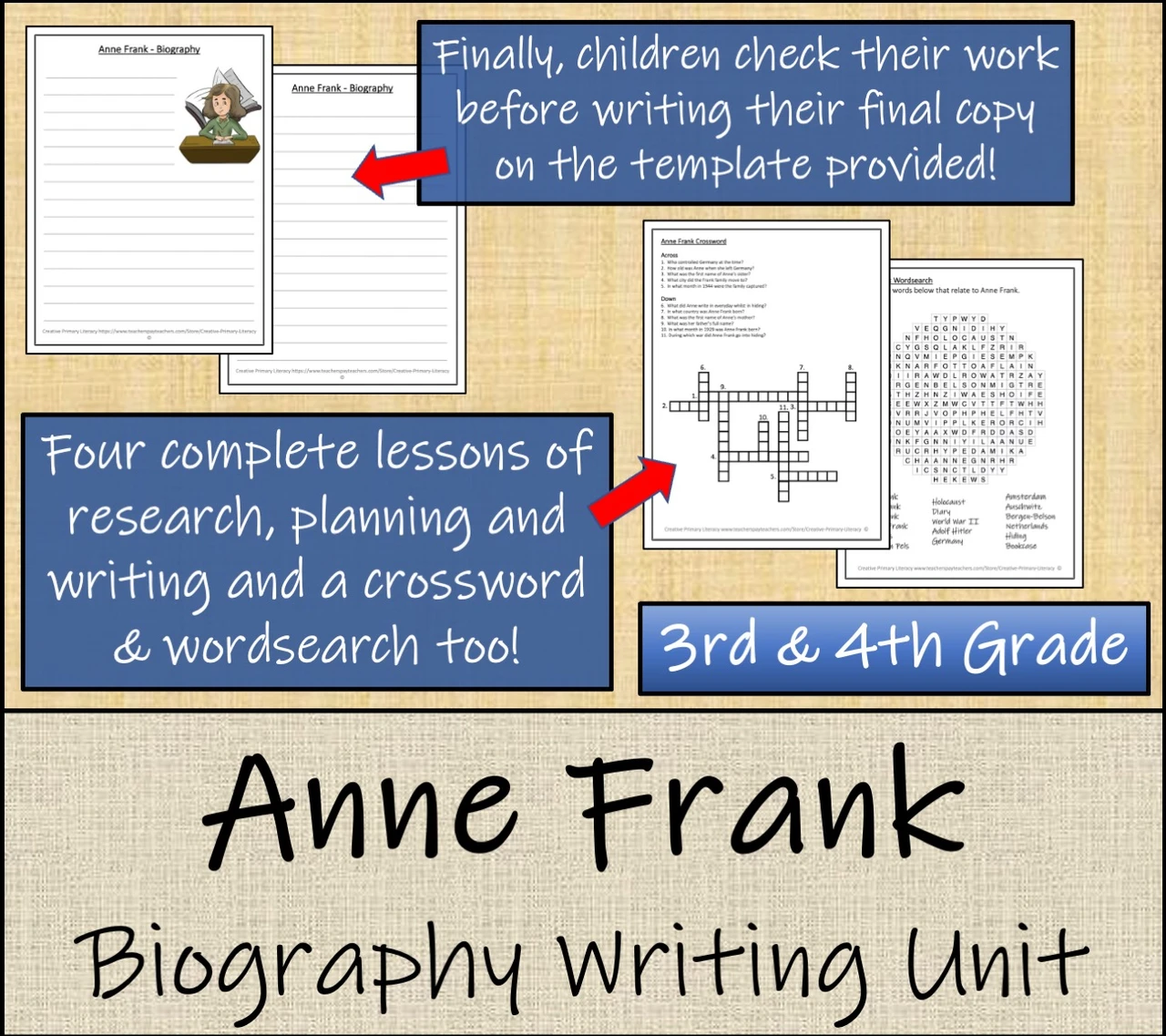 Anne Frank Biography Writing Unit | 3rd Grade & 4th Grade - Amped Up ...