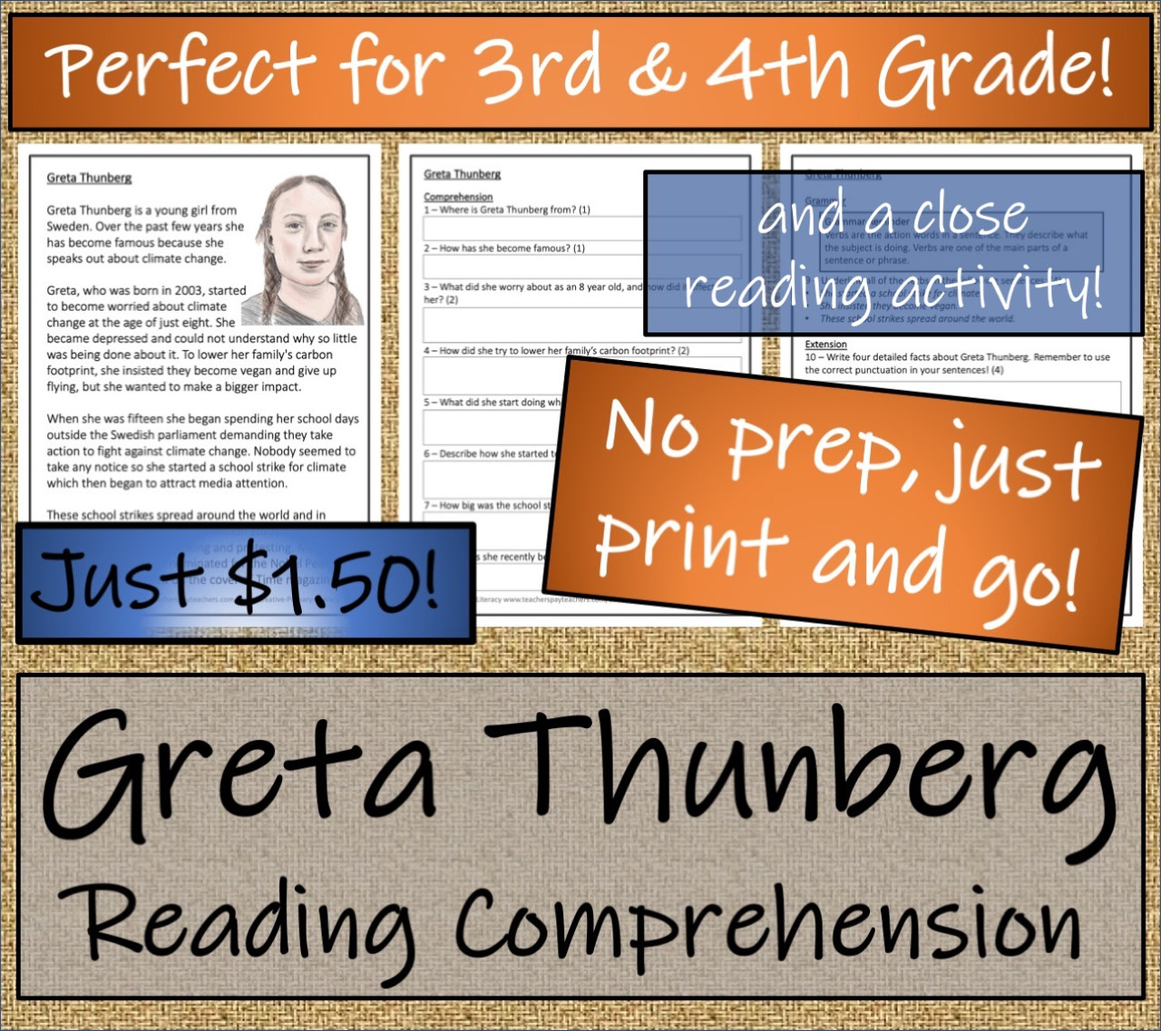 Greta Thunberg - 3rd & 4th Grade Close Read & Biography Writing Bundle ...