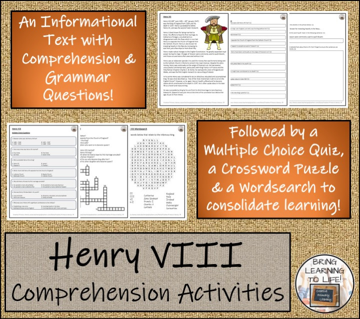 Henry VIII Close Reading Comprehension Activities | 5th Grade & 6th ...