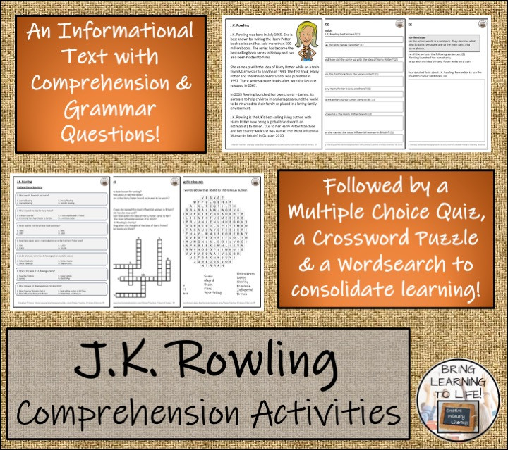 J.K. Rowling Close Reading Comprehension Activities | 3rd Grade & 4th ...