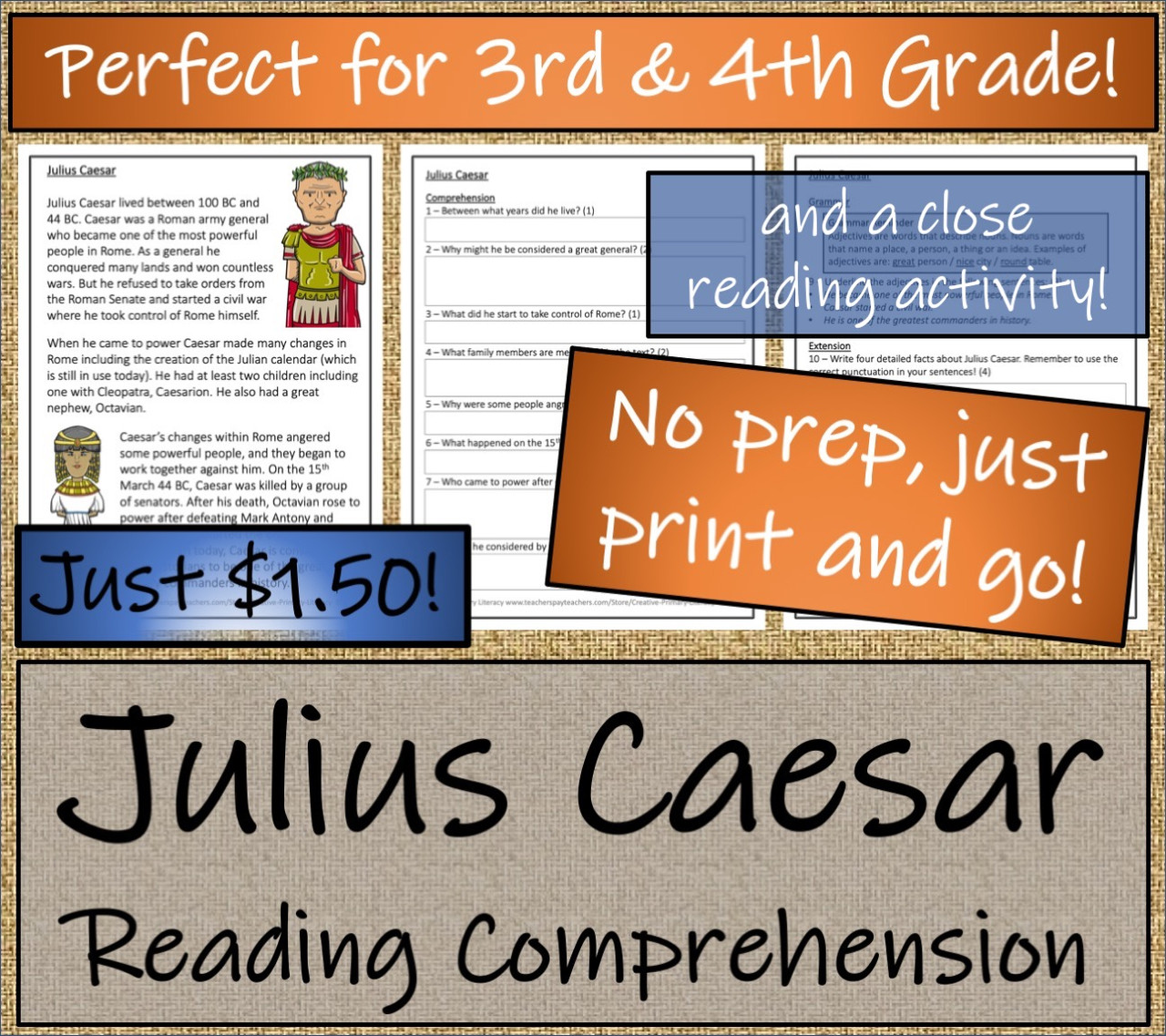 Julius Caesar - 3rd & 4th Grade Close Read & Biography Writing Bundle ...