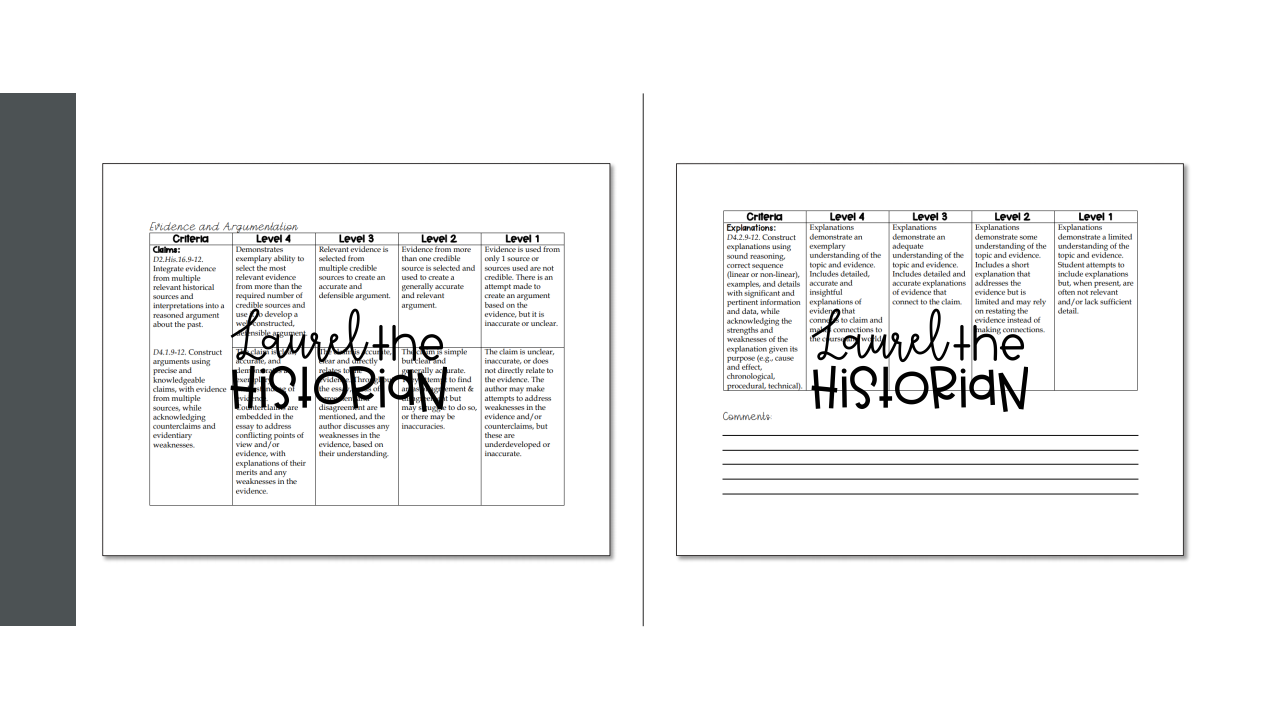 Essay Rubric Argumentation & Historical Thinking Skills C3 Framework ...