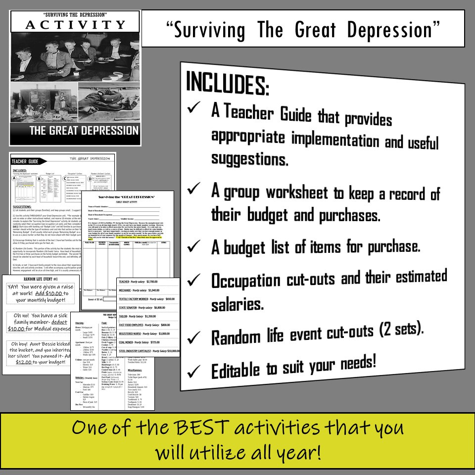 Great Depression- "Surviving the Depression" Group Activity (Super ...