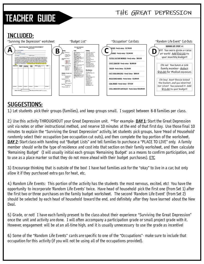 Great Depression- "Surviving the Depression" Group Activity (Super ...