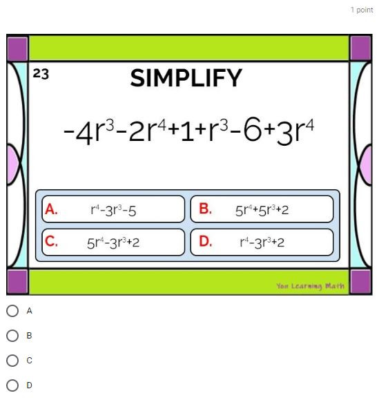 Adding and Subtracing Polynomials: Google Forms Quiz - 30 Problems ...