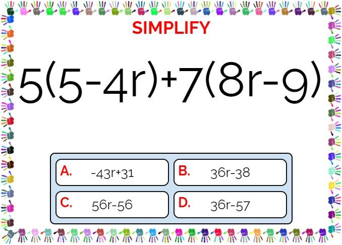 Distribution and Combining Like Terms: Google Forms Quiz - 25 Problems ...