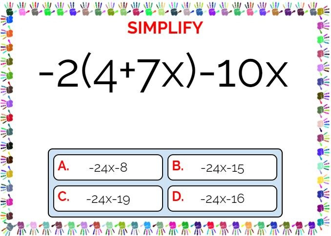 Distribution and Combining Like Terms: Google Forms Quiz - 25 Problems ...