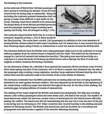 The Sinking of the Lusitania Reading and Worksheet