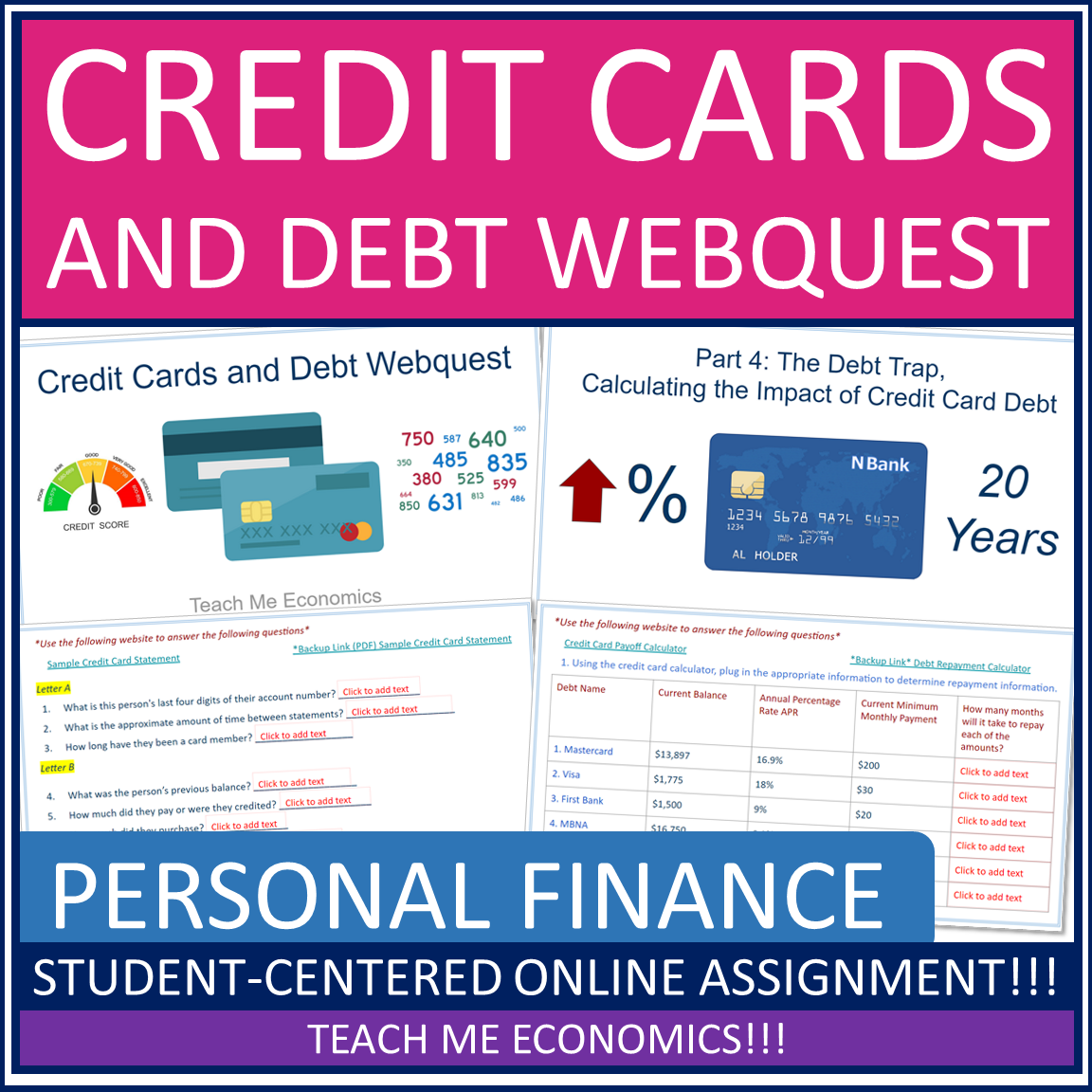 Credit Cards and Debt Webquest Personal Finance Economics Worksheet or ...