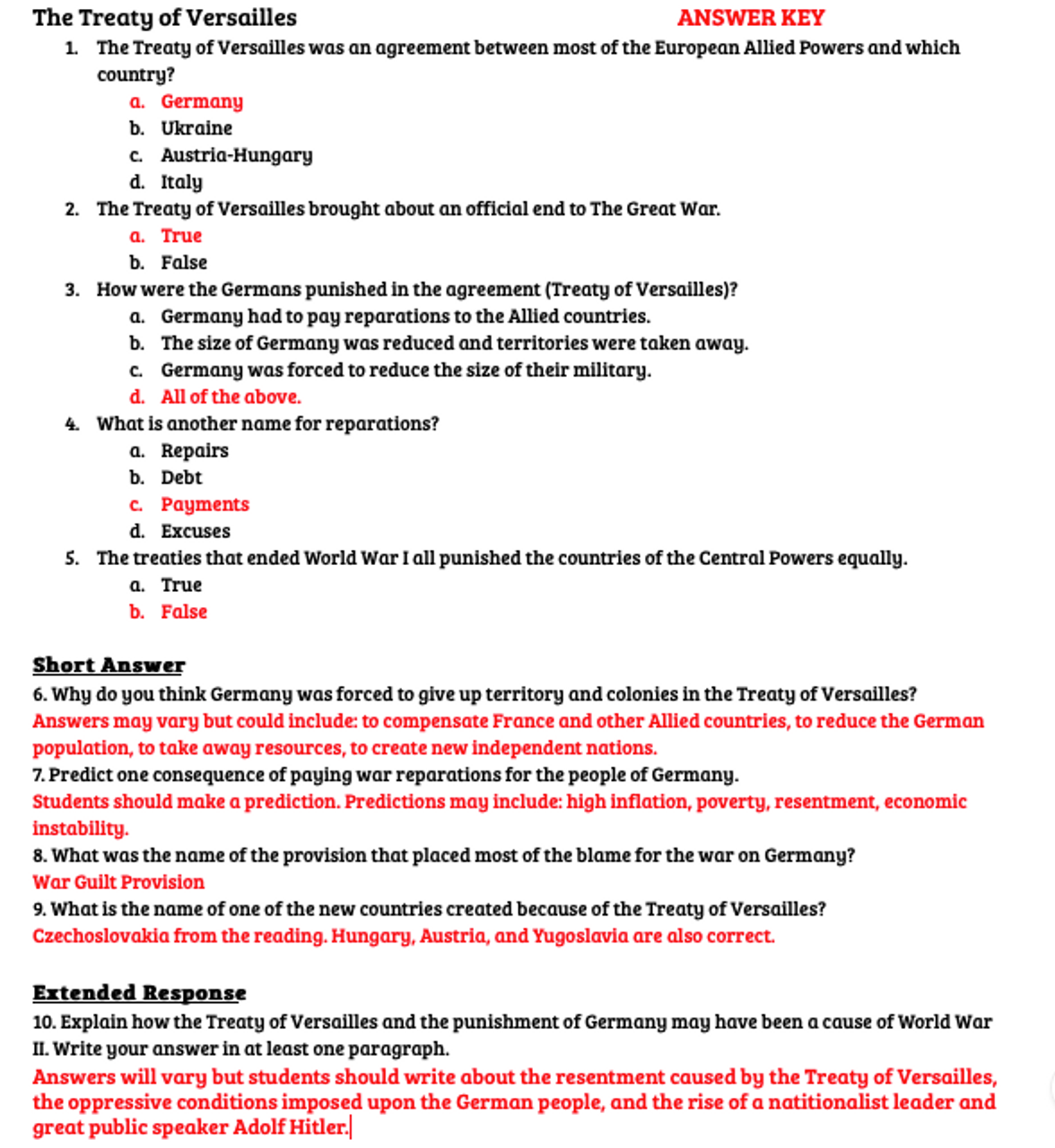Treaty of Versailles Reading and Worksheet - Amped Up Learning