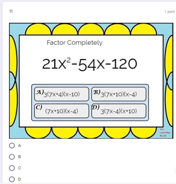 Factoring Quadratic Trinomials where "a" > 1 : Google Forms Quiz - 20 ...