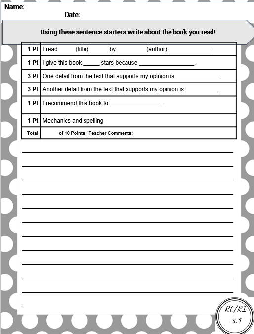 3rd Grade CCSS Reader's Response Rubrics (Distance/In Class Learning ...