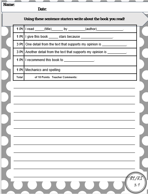 3rd Grade CCSS Reader's Response Rubric Standard RL3.1/RI 3.1 - FREE ...