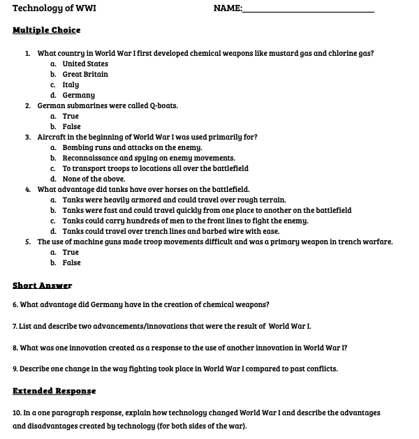Technology of World War I Reading and Worksheet