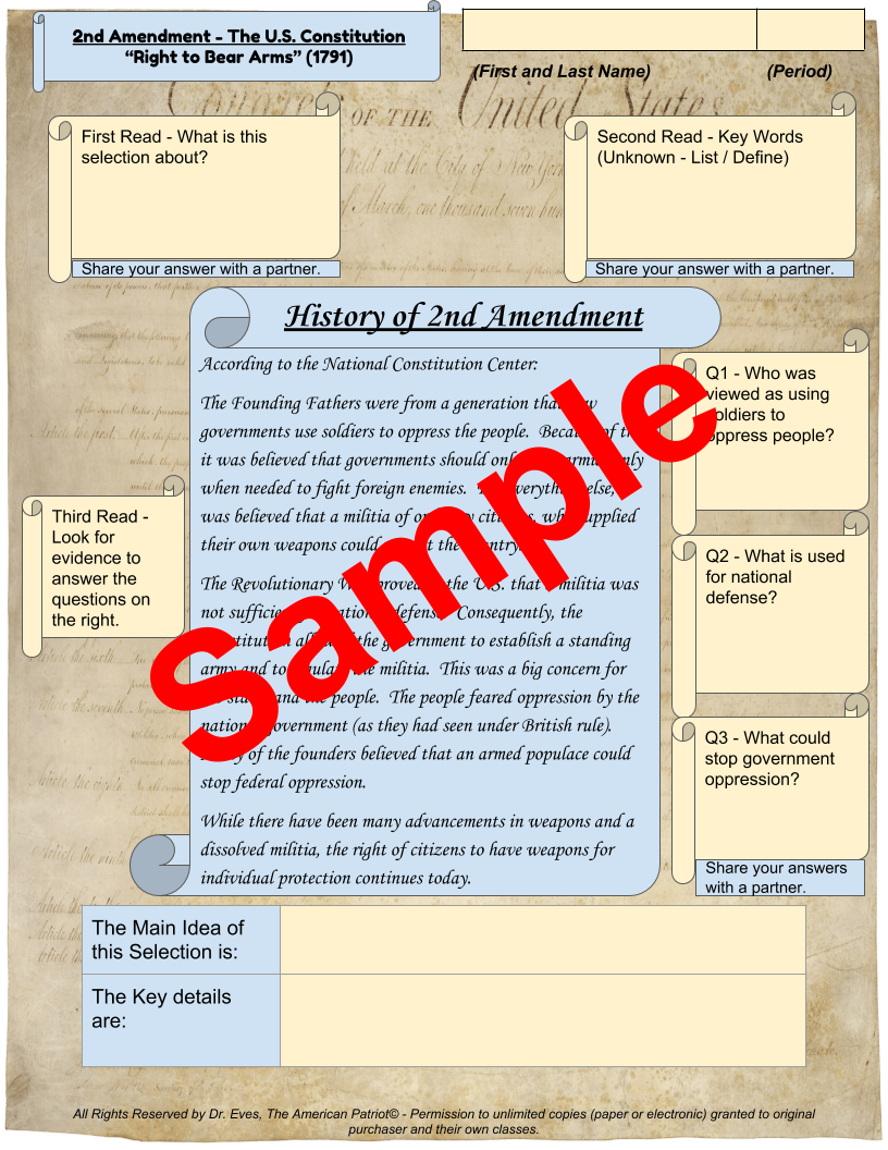 2nd Amendment - "Right to Bear Arms" - Enhanced DBQ - Close Read (PDF)