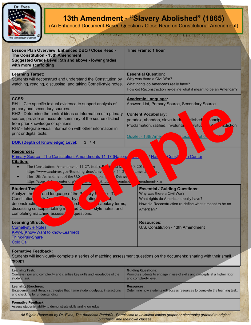 13th Amendment - "Slavery Abolished" - Enhanced DBQ Close Read - (PDF)