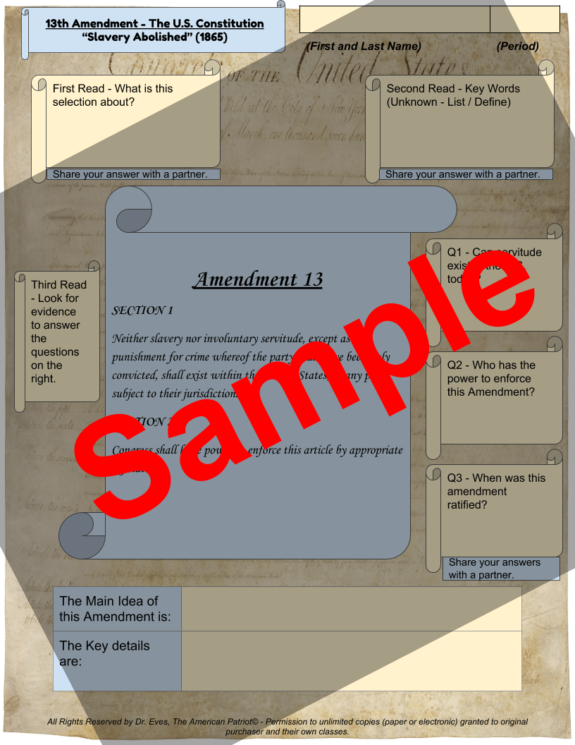 13th Amendment - "Slavery Abolished" - Enhanced DBQ Close Read - (PDF)