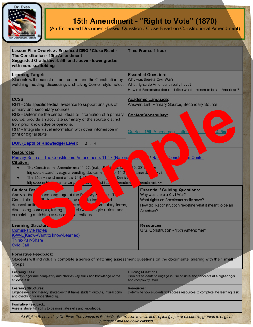 15th Amendment - "Right to Vote" - Enhanced DBQ - Close Read (PDF)